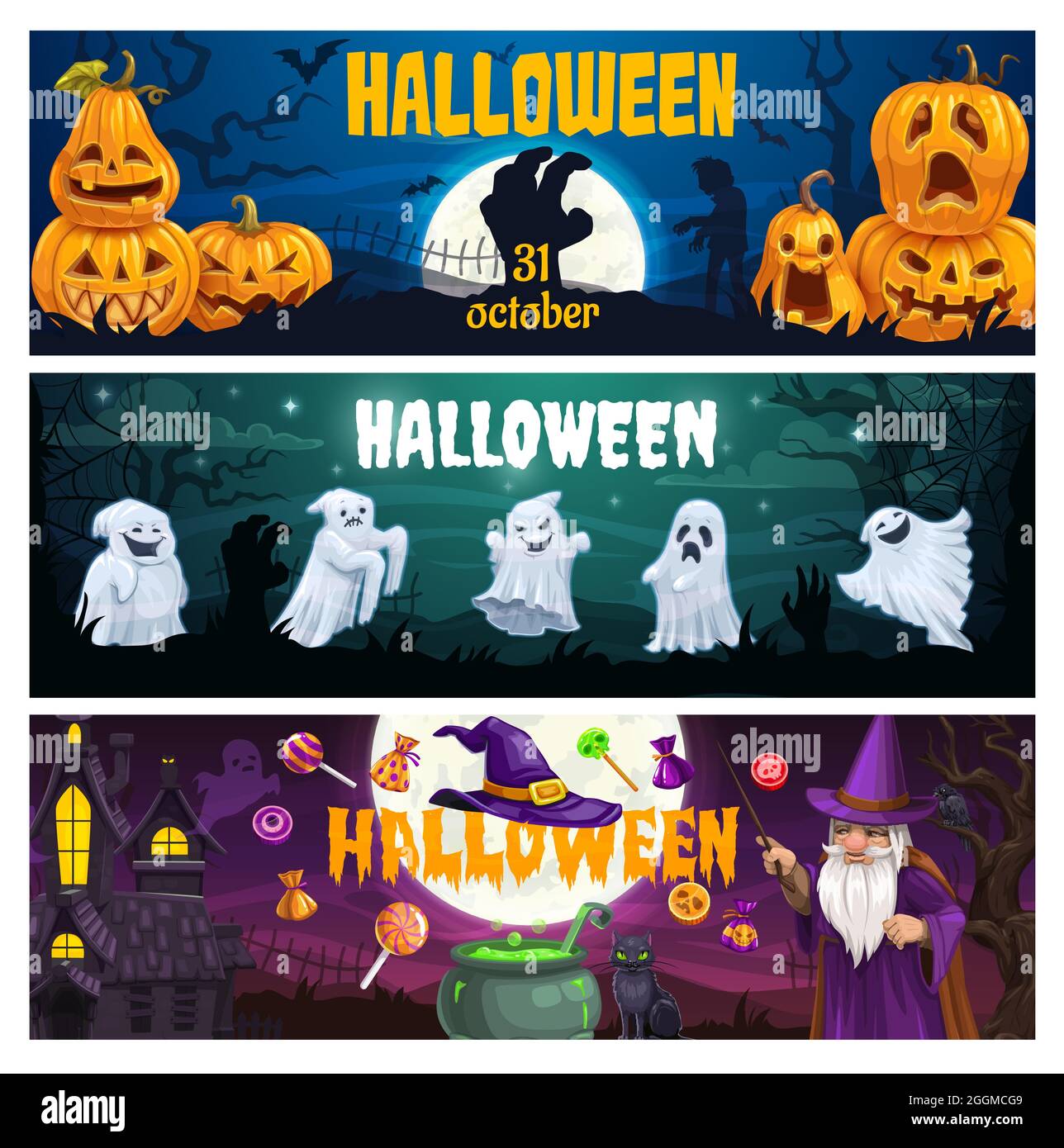Halloween cartoon vector banners. Magician in purple dress holding wand ...
