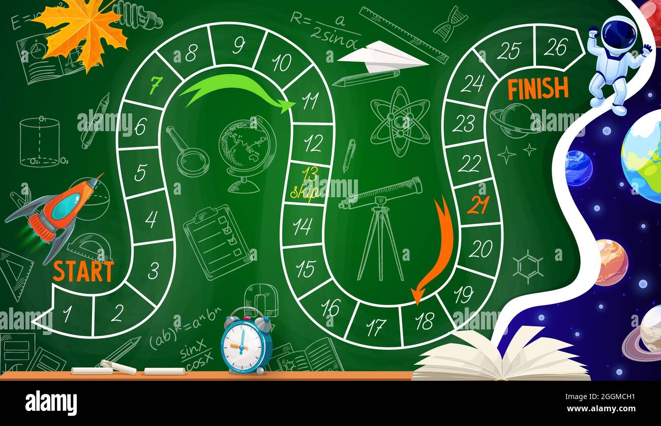 Kids board game with space planets, astronaut, rocket and school ...