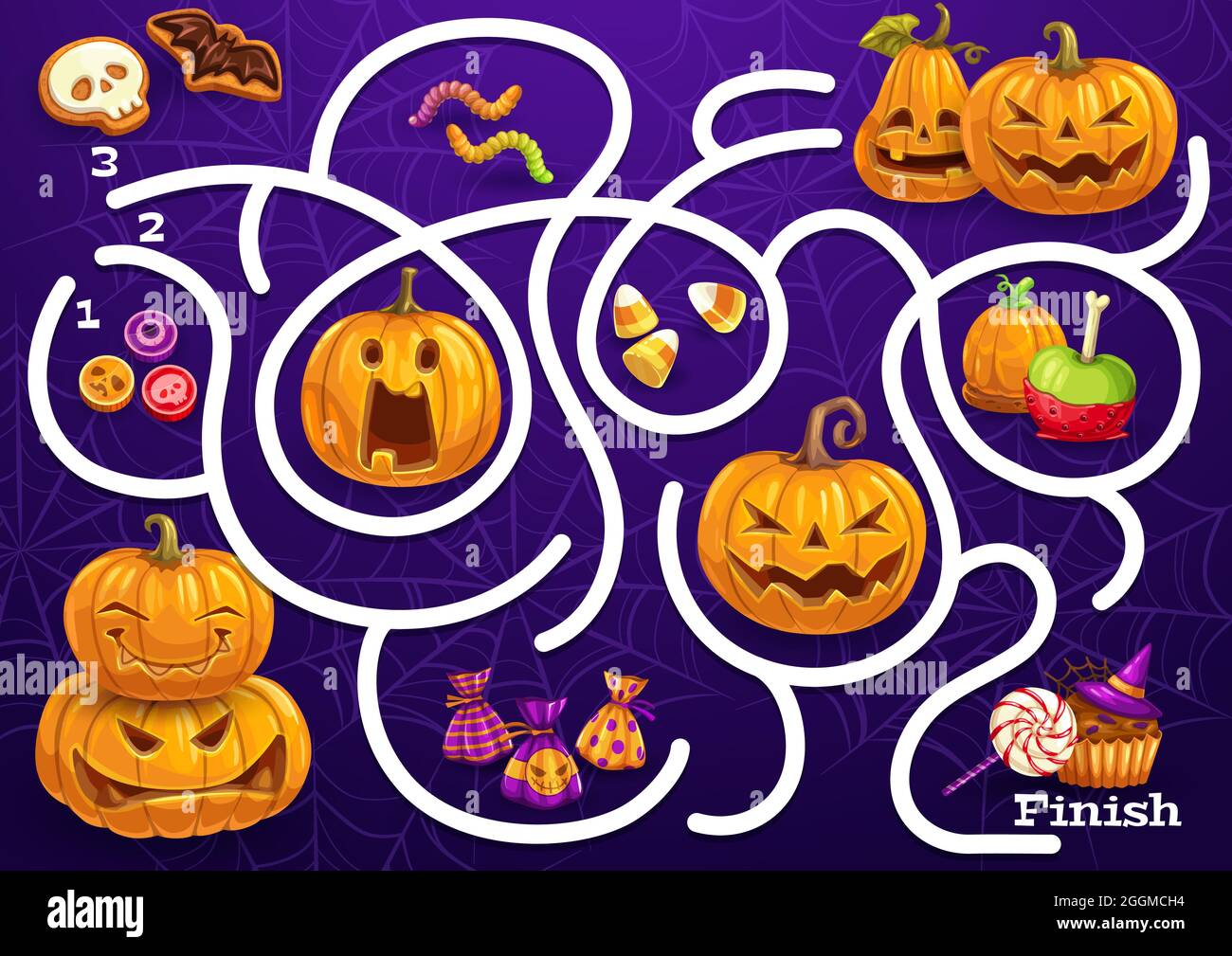 Kids maze game with Halloween sweets, pumpkins and spider web. Vector ...