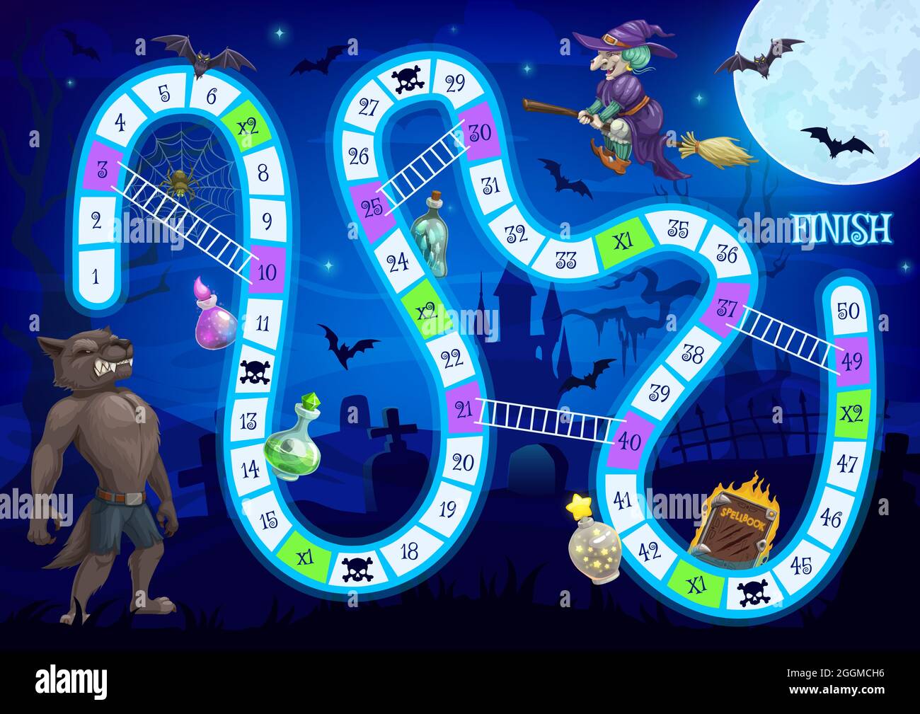 Kids step board game vector template with cartoon Halloween characters ...