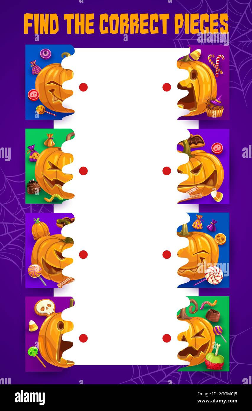 Halloween kids maze find the correct pumpkin pieces. Match the halves ...