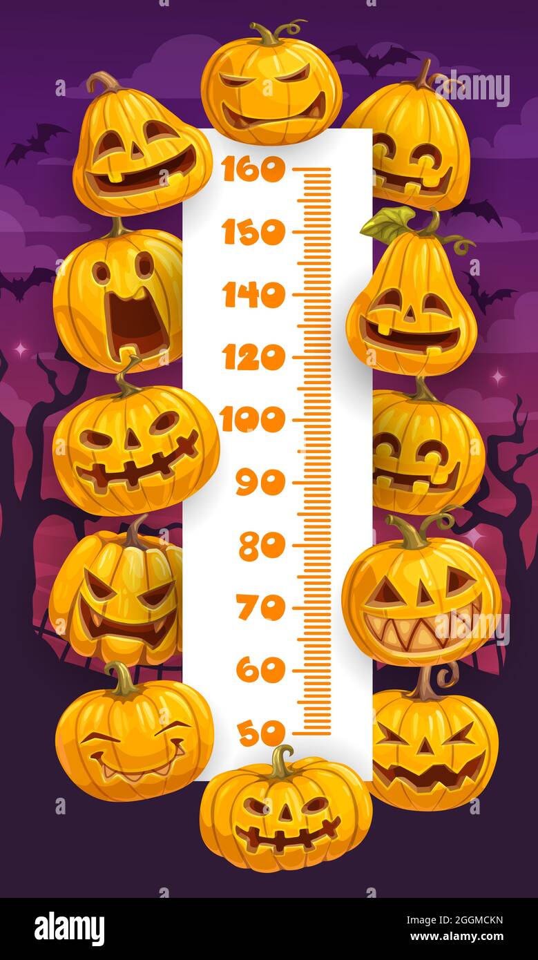 Halloween cartoon pumpkins kids height chart, growth measure vector ...