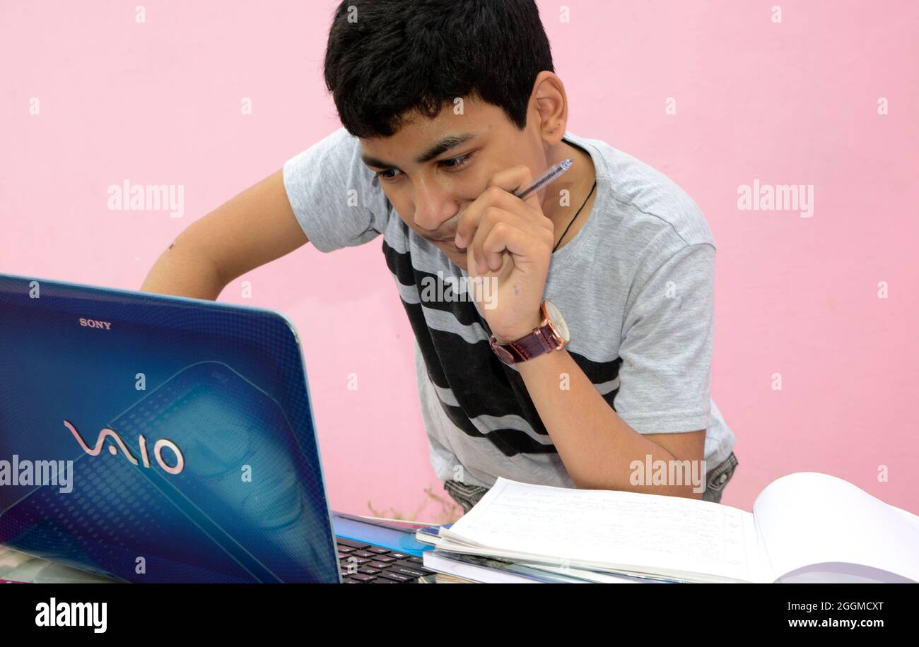 Boy Working on laptop Stock Photo - Alamy