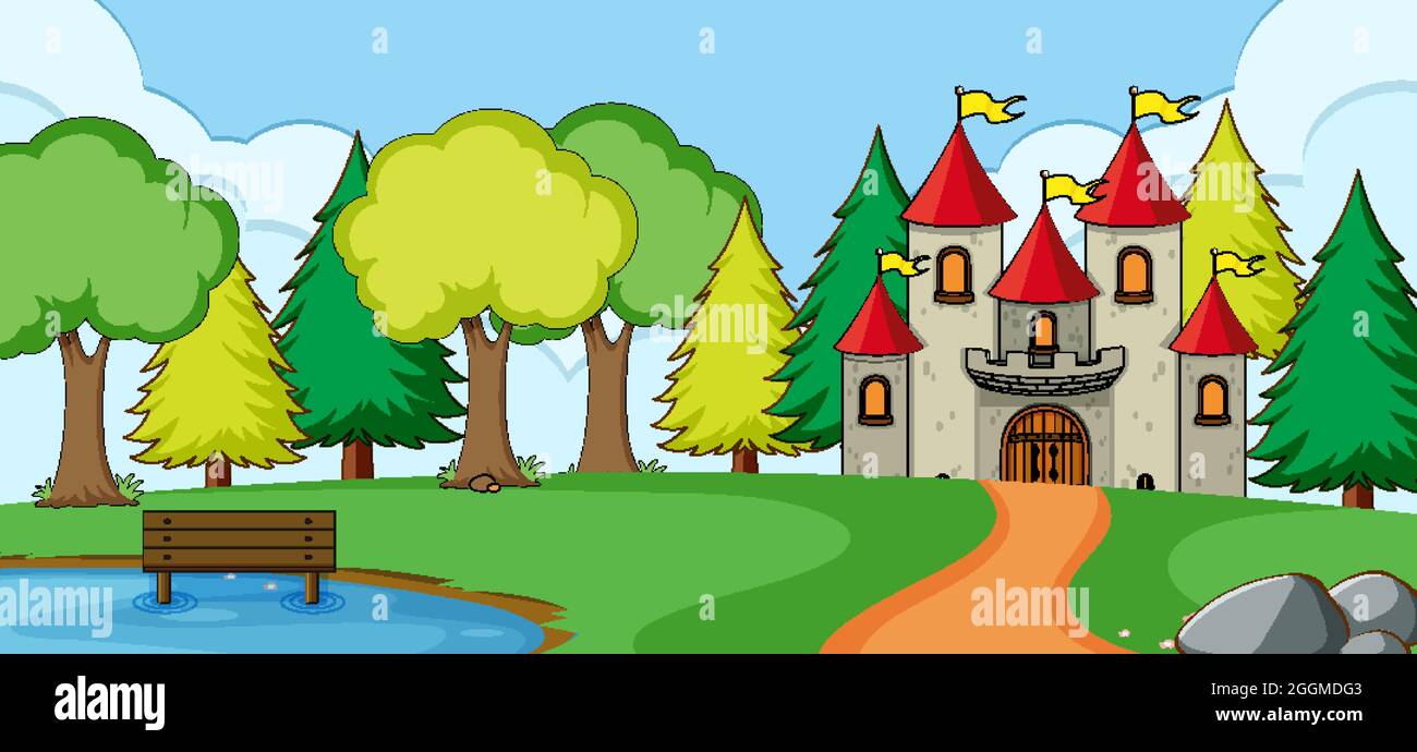 Outdoor scene with castle in the nature park illustration Stock Vector ...