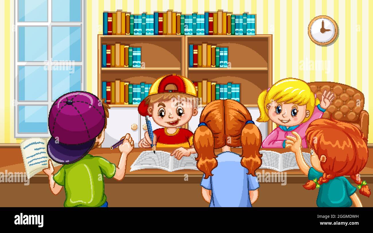 Scene with many kids doing homework at home illustration Stock Vector ...