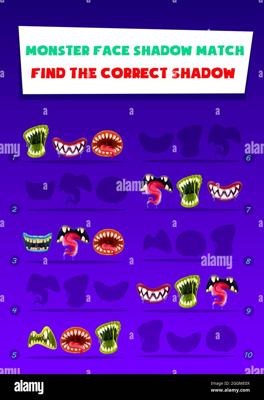 Monster face shadow match kids game with creepy mouths. Find correct ...