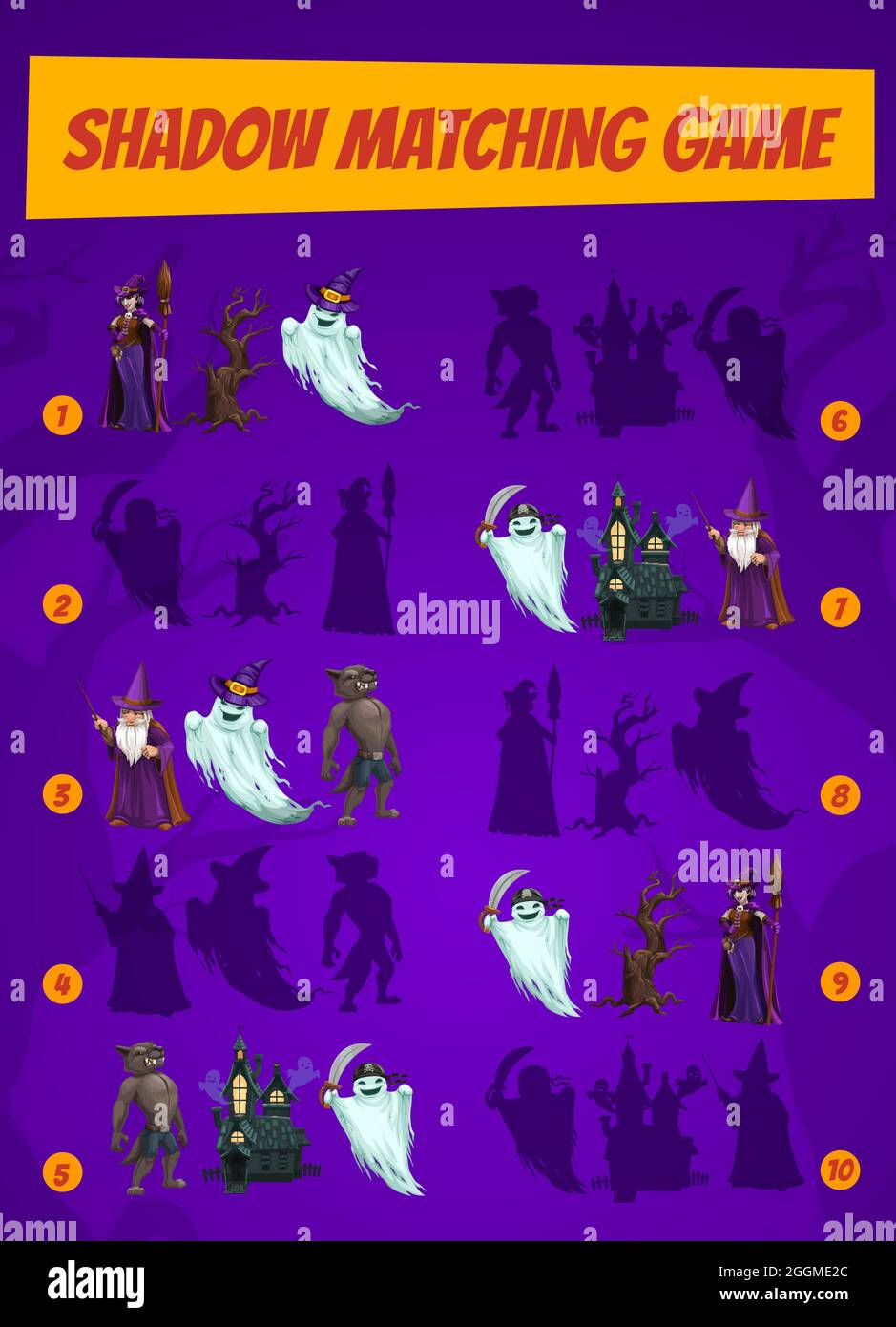 Kids game shadow match with halloween magician characters. Children ...