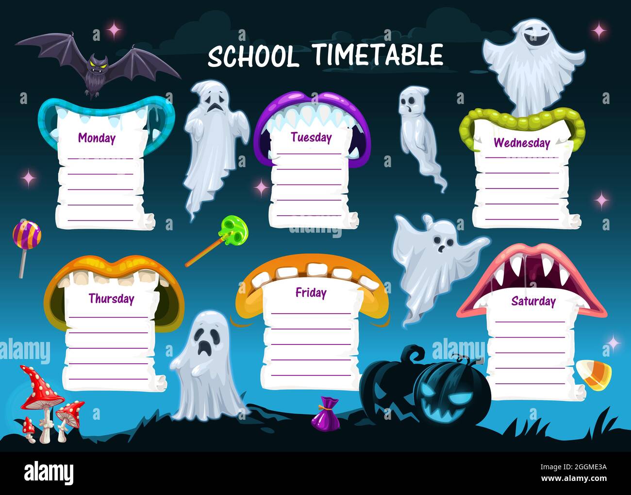 School timetable schedule template, Halloween cartoon weekly planner ...