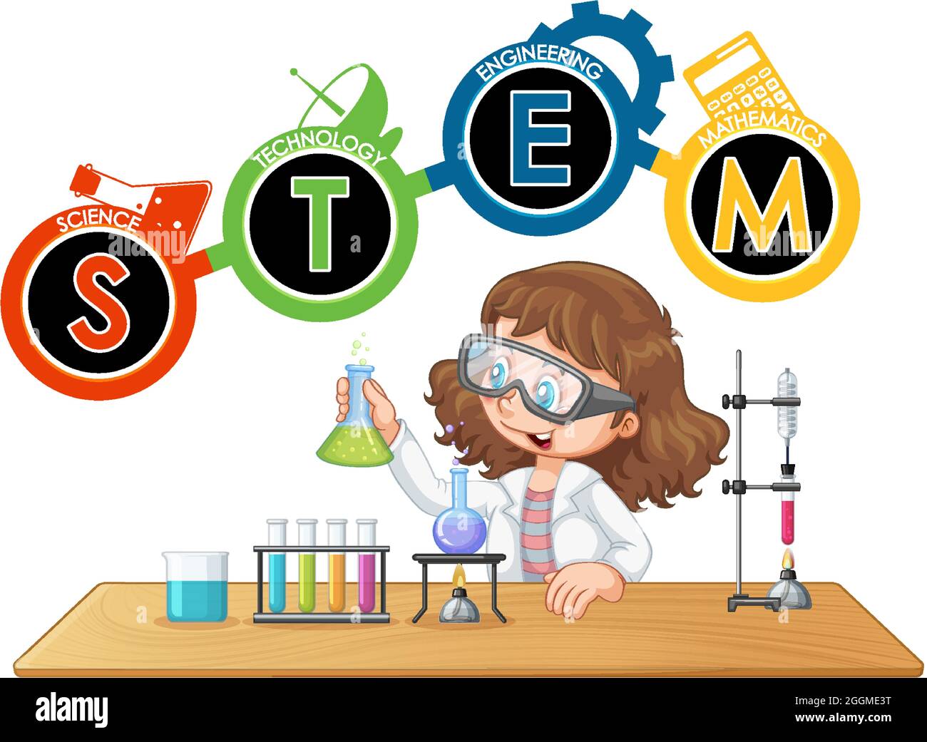 STEM education logo with scientist kid cartoon character illustration ...