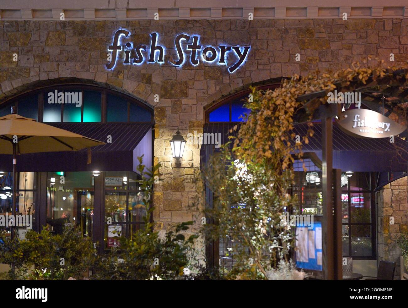 The Fish Story restaurant on a winter evening in the wine capital, Napa ...