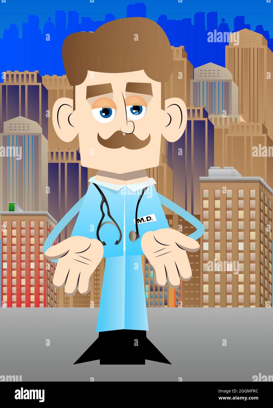 Funny cartoon doctor showing something with both hands or expressing ...