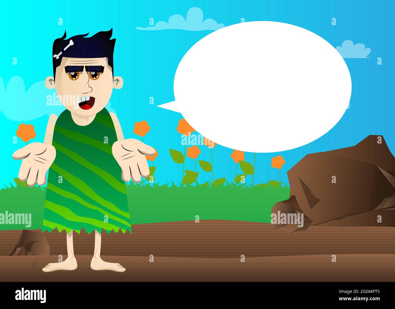 Cartoon prehistoric man showing something with both hands or expressing ...