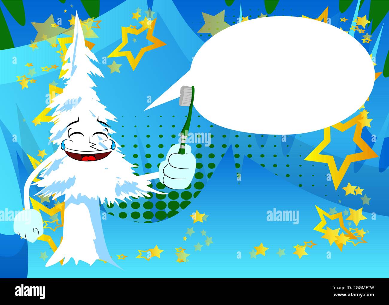 Cartoon winter pine trees with faces holding toothbrush. Cute forest ...