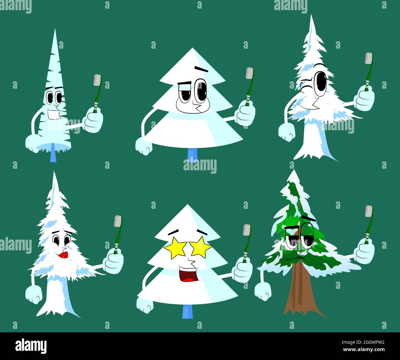 Cartoon winter pine trees with faces holding toothbrush. Cute forest ...