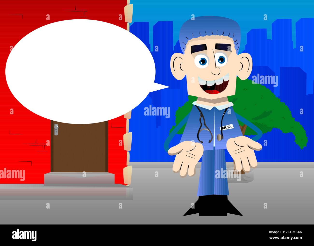 Funny cartoon doctor showing something with both hands or expressing ...