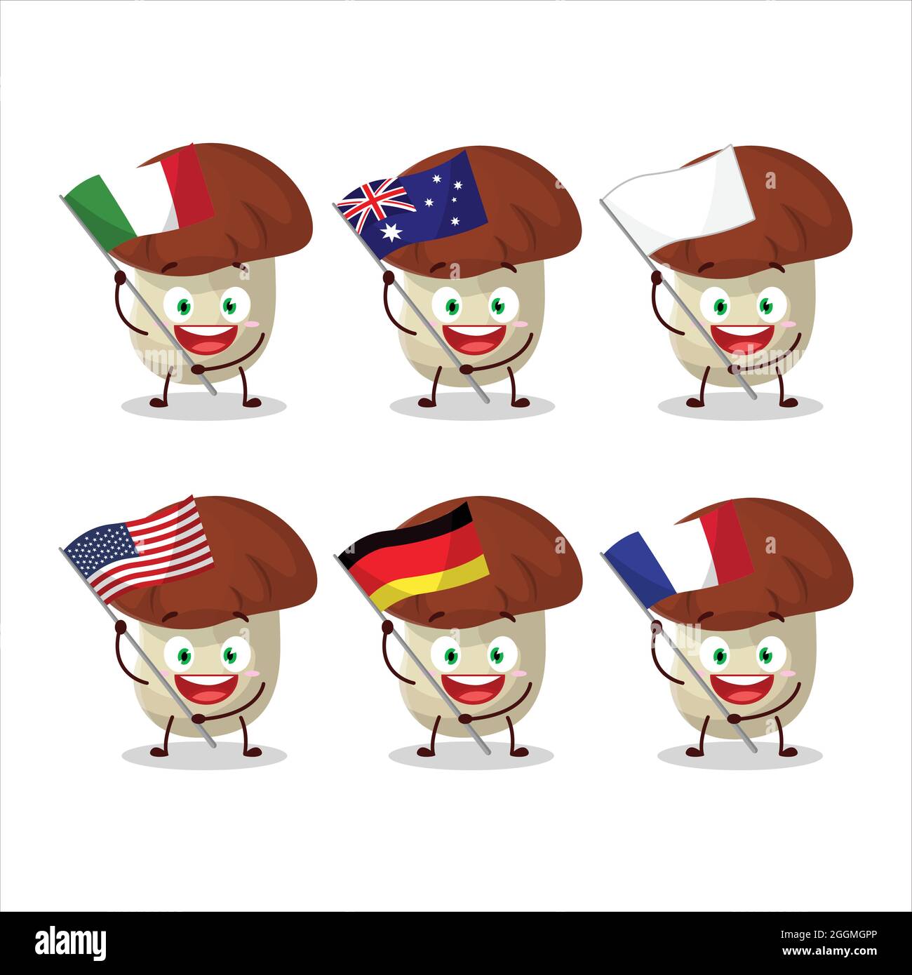 Bolete Cartoon Character Bring The Flags Of Various Countries Vector
