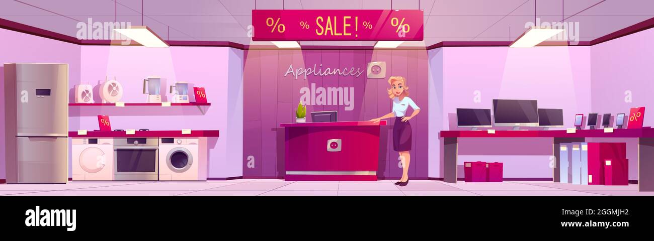 Home appliances store with household equipment, counter with cashbox ...
