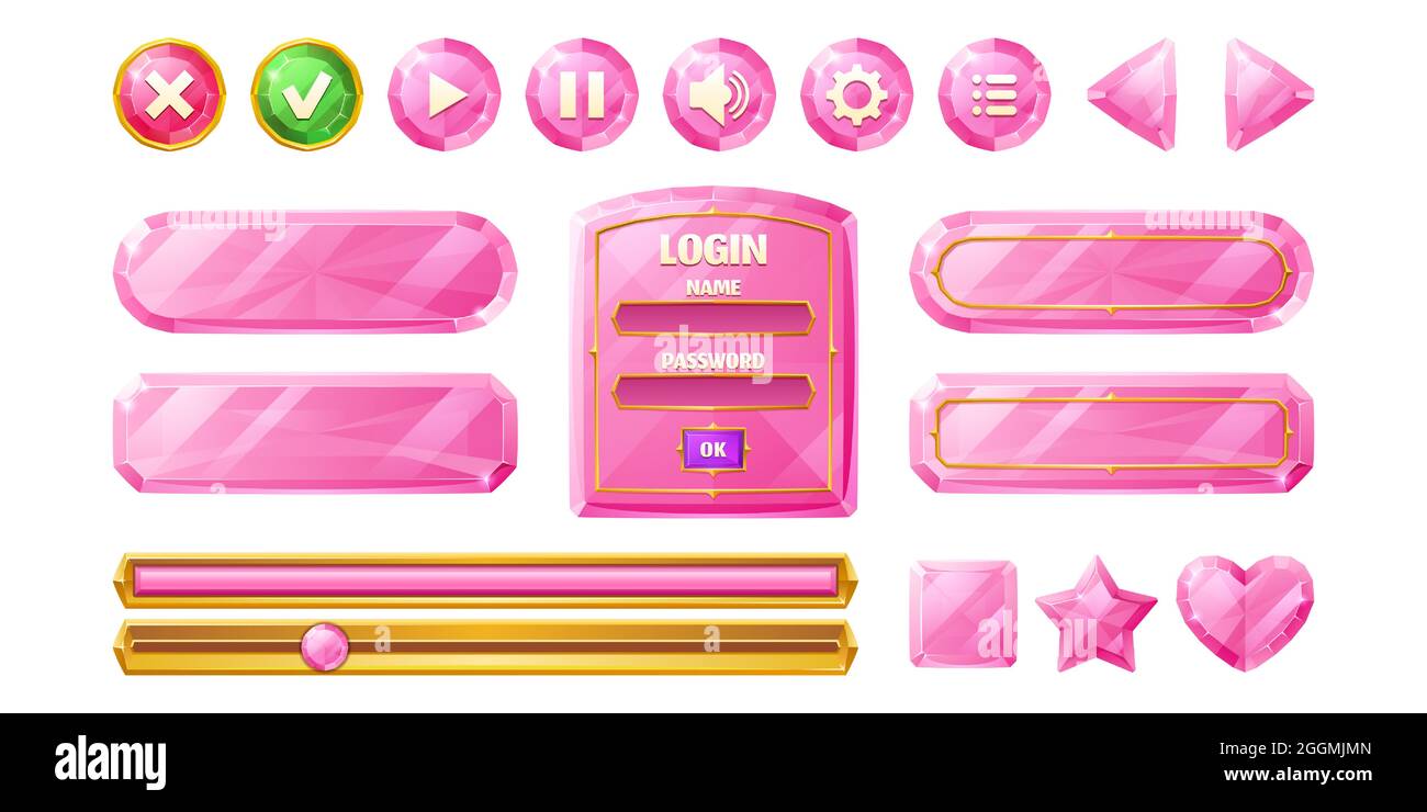 Pink diamond buttons for user interface design in game, video player or website. Vector cartoon ...