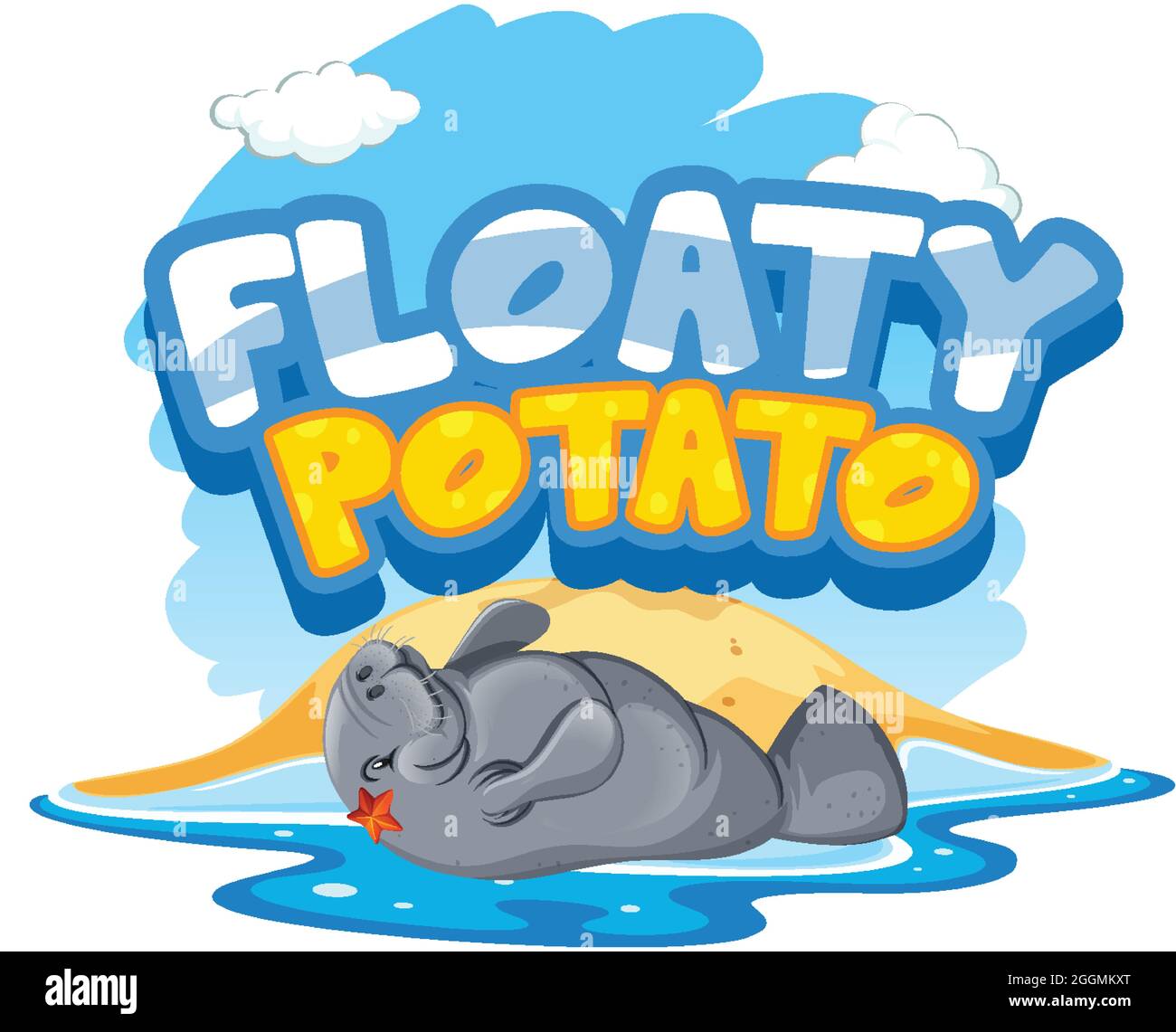Floaty Potato font banner with Manatee or Sea cow cartoon character ...