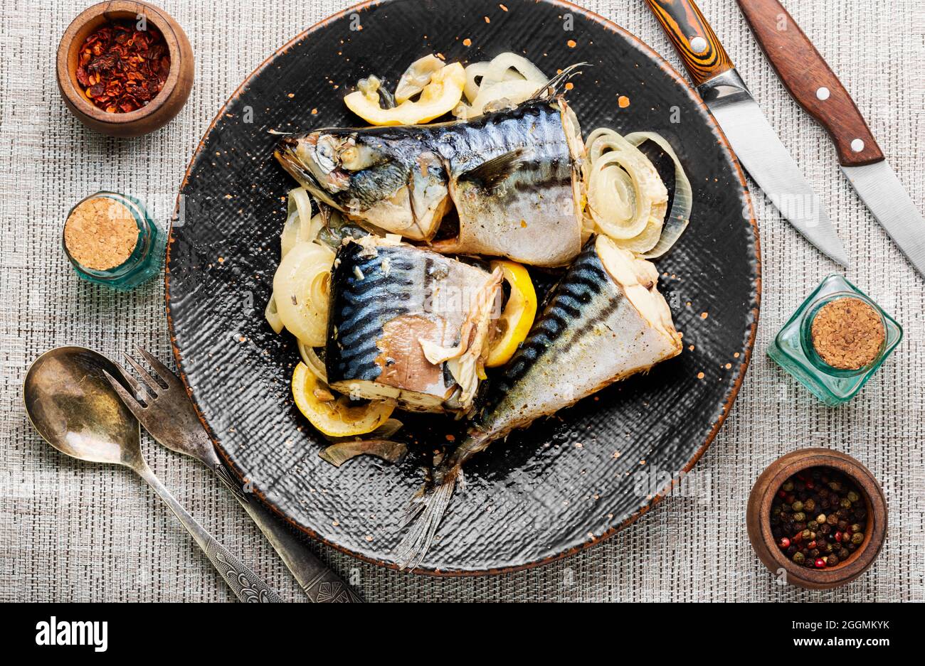 Steamed mackerel pieces on a plate.Fish stew.Diet fish Stock Photo - Alamy