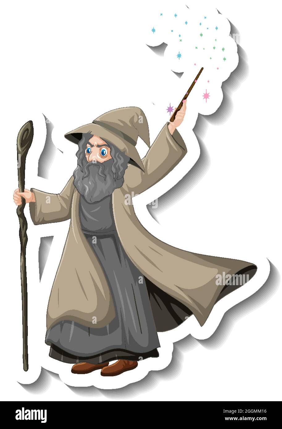 Old wizard holding staff and wand cartoon character sticker ...