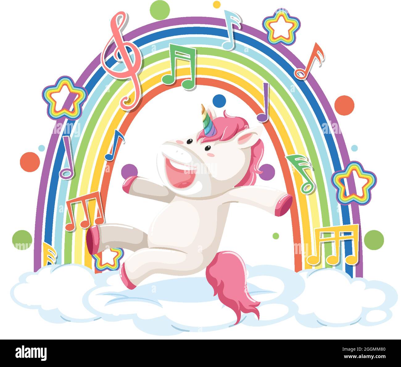 Unicorn jumping on cloud with rainbow and melody symbol illustration ...
