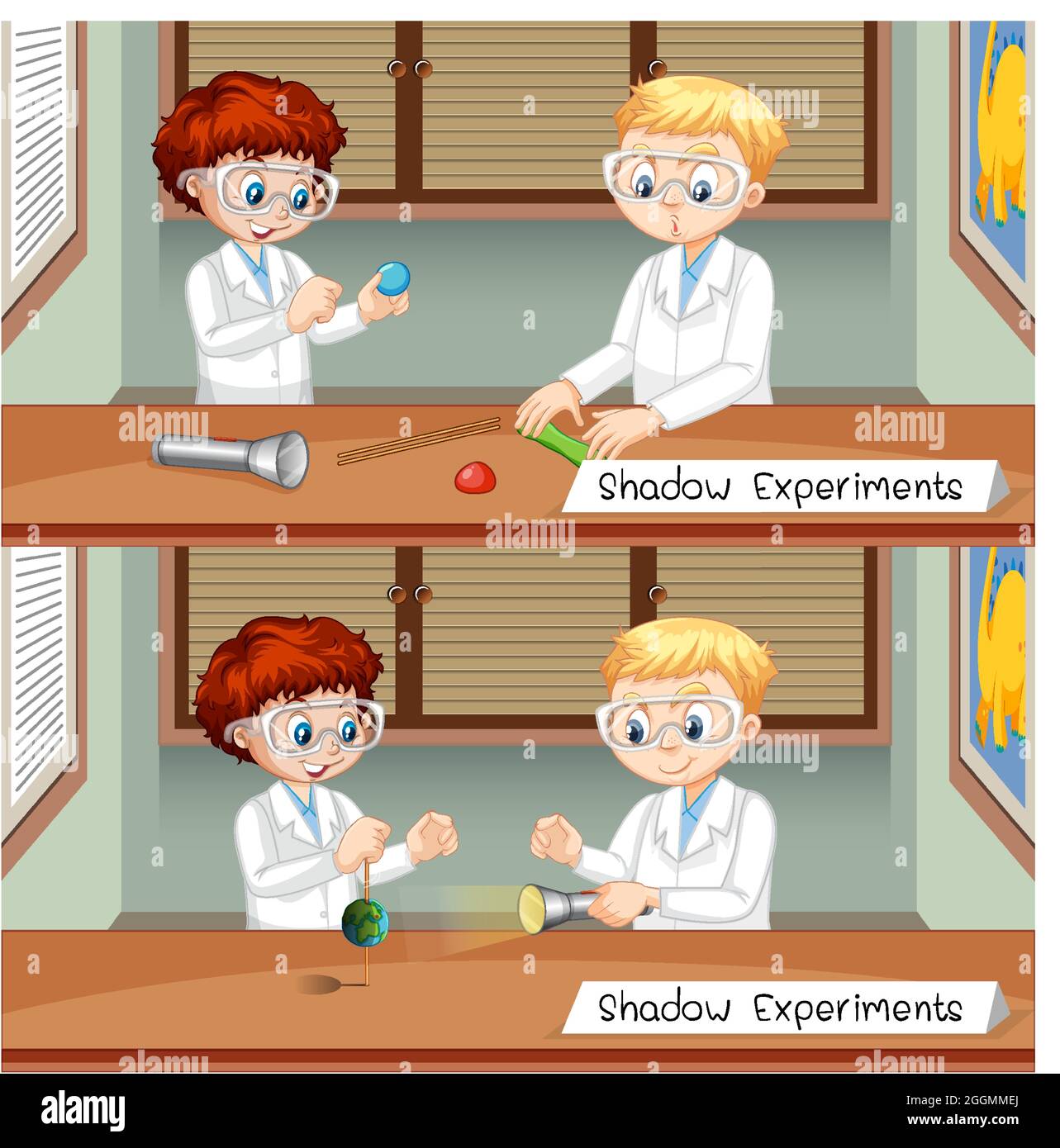 Shadow experiment with scientist kids cartoon character illustration ...