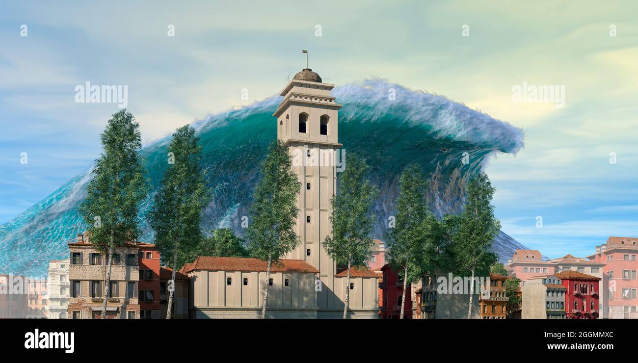 3D illustration tsunami wave apocalyptic water view urban flood Storm ...