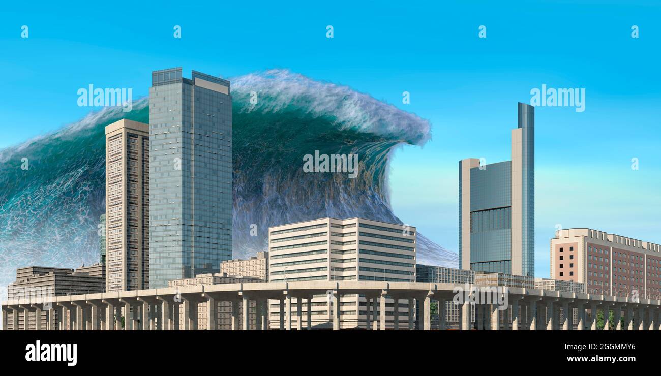 3D illustration tsunami wave apocalyptic water view urban flood Storm ...
