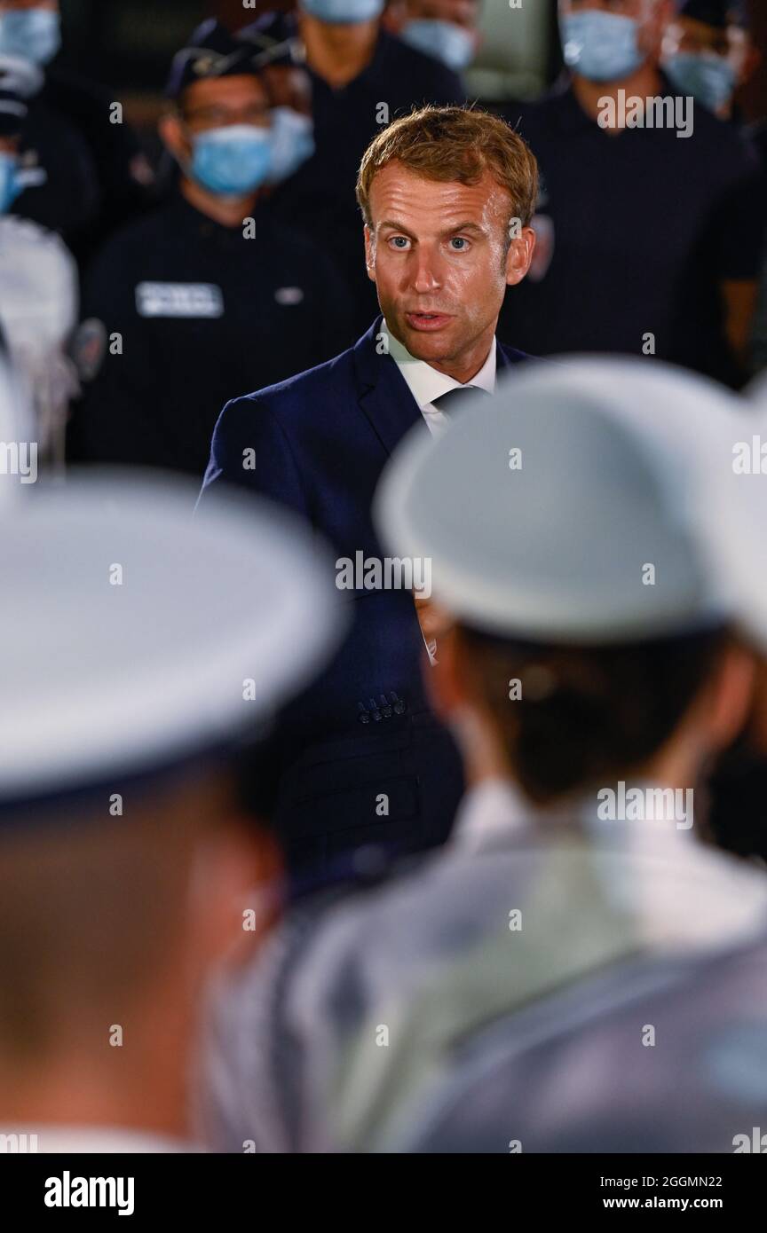 French President Emmanuel Macron meets with policemen during a visit to ...