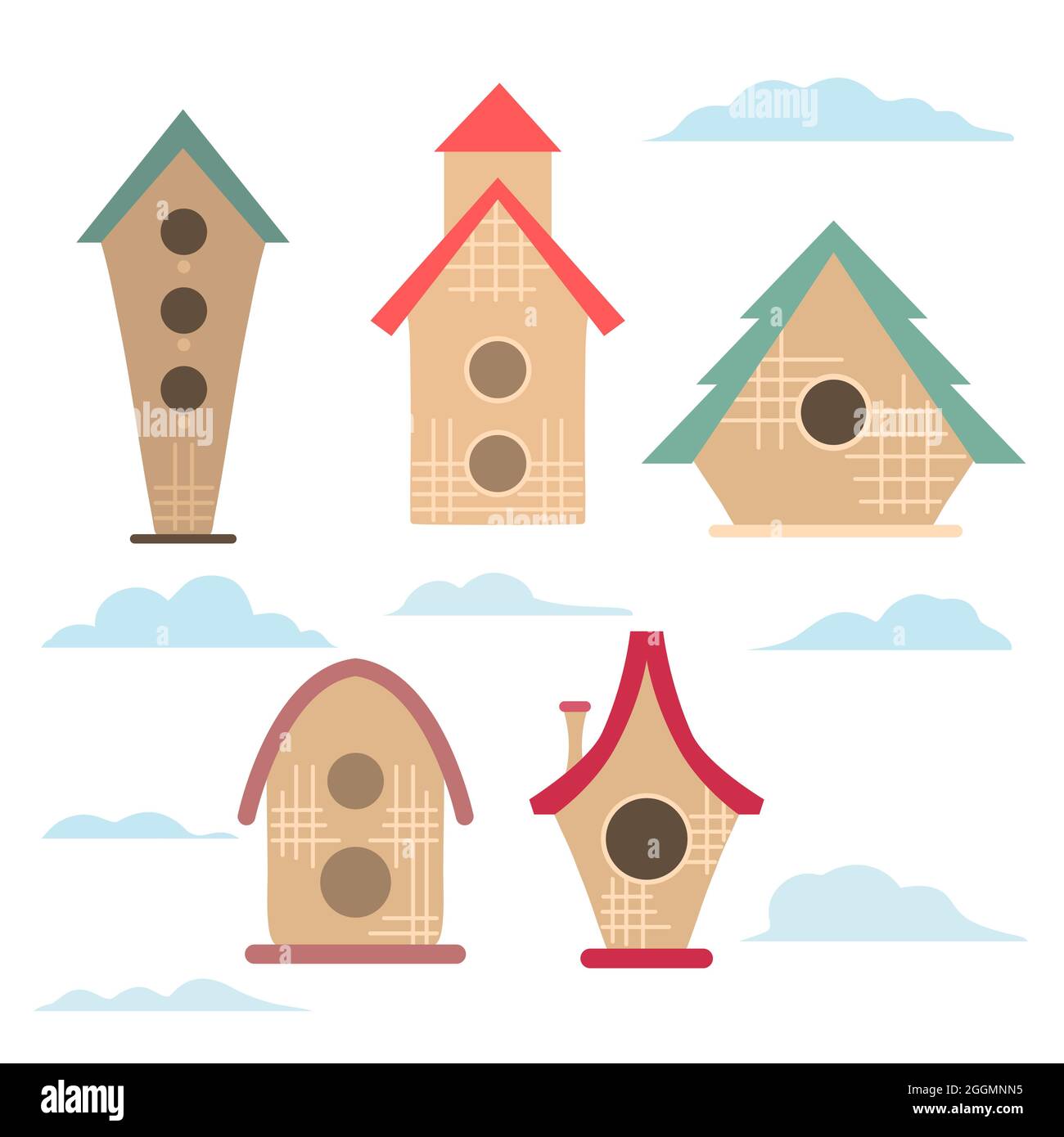 Set of simple bird houses with clouds on a white background. Vector ...