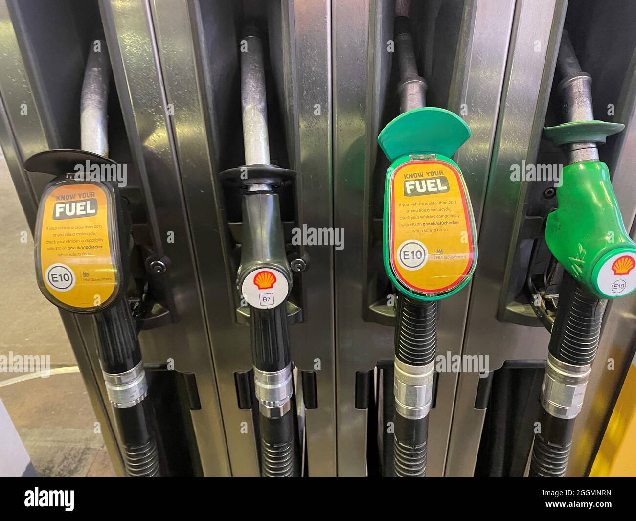 E10 petrol pumps at a Petrol Station in Liverpool. A cleaner form of ...