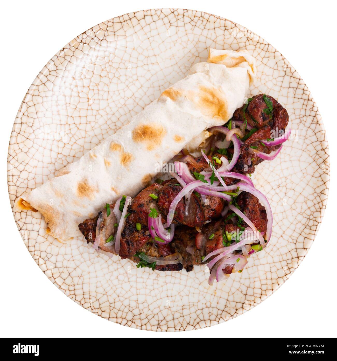 Grilled pork meat shashlik with marinated onion Stock Photo - Alamy