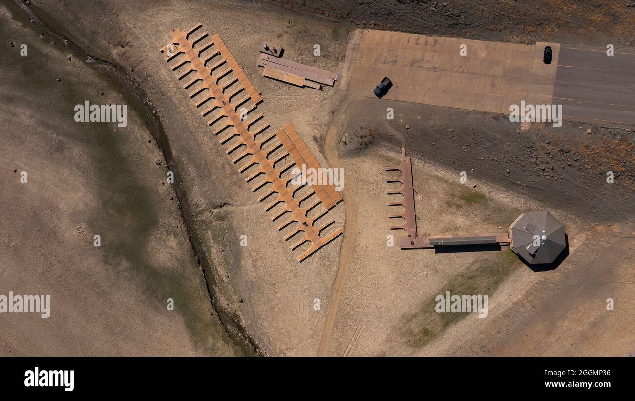 Aerial view of the severe drought conditions of Folsom Lake, a ...