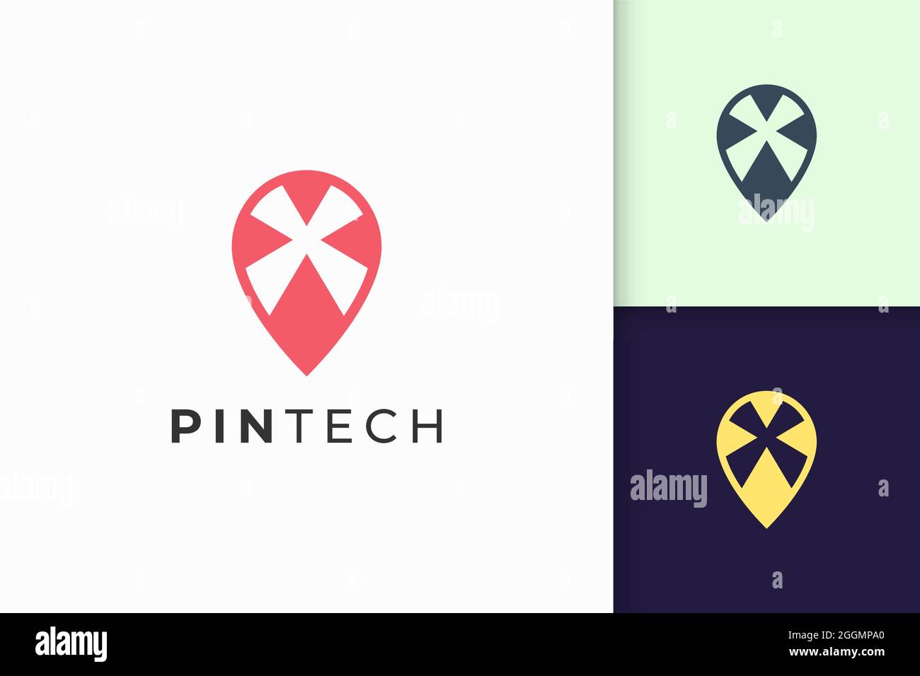Pin logo or marker in simple line and modern shape represent technology ...