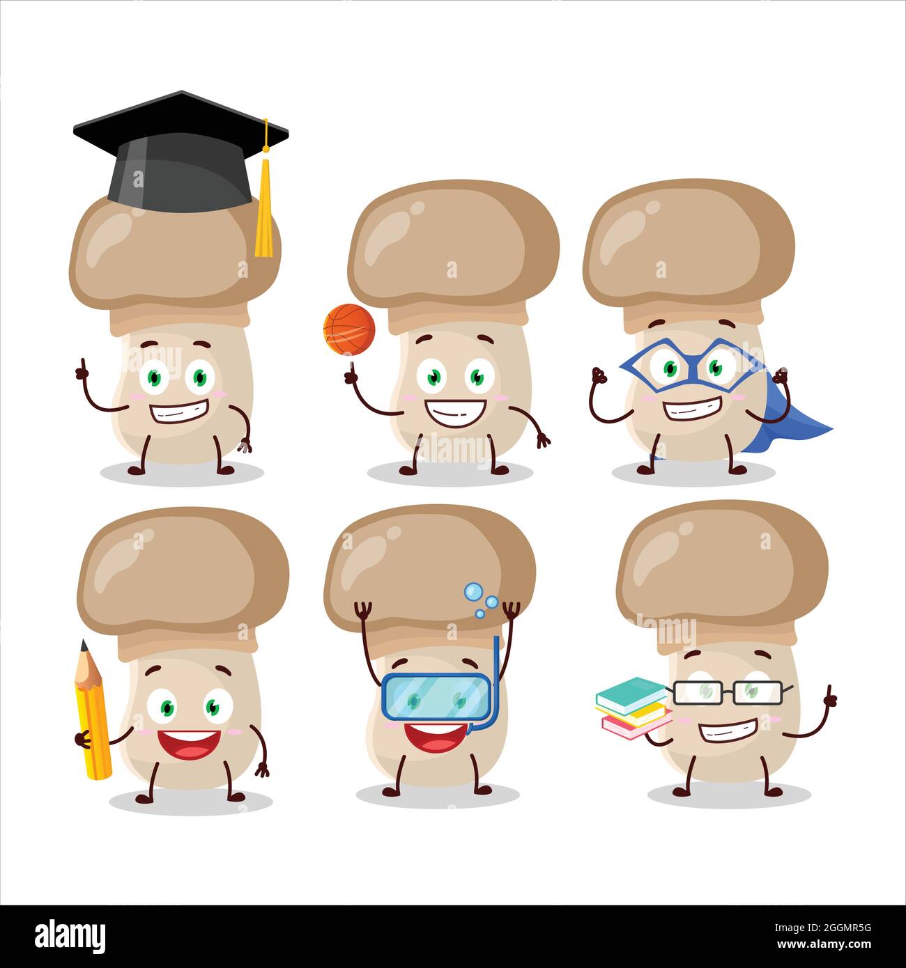 School student of button mushroom cartoon character with various ...