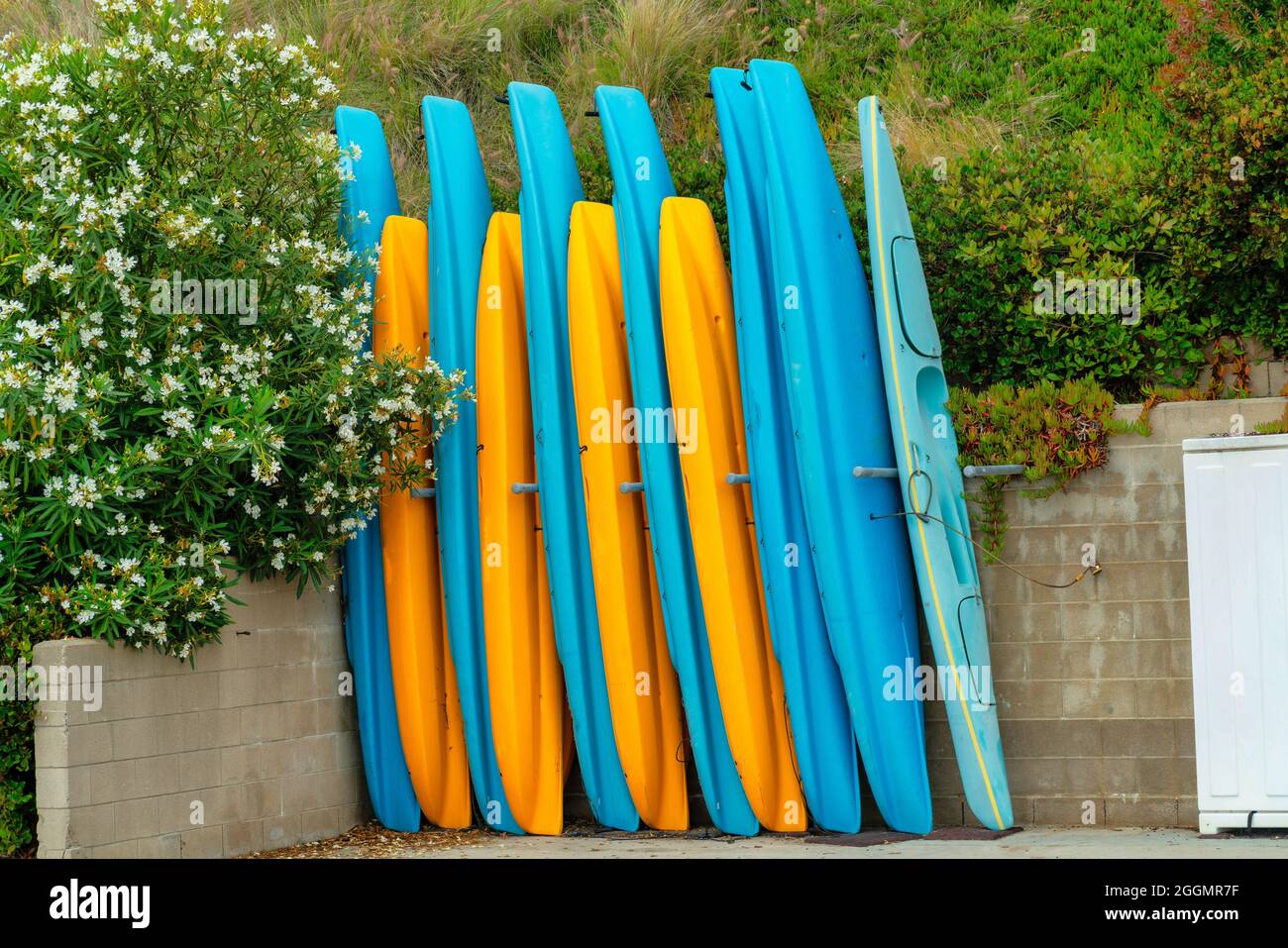 Closeup of kayaks arranged on the side of a park Stock Photo - Alamy