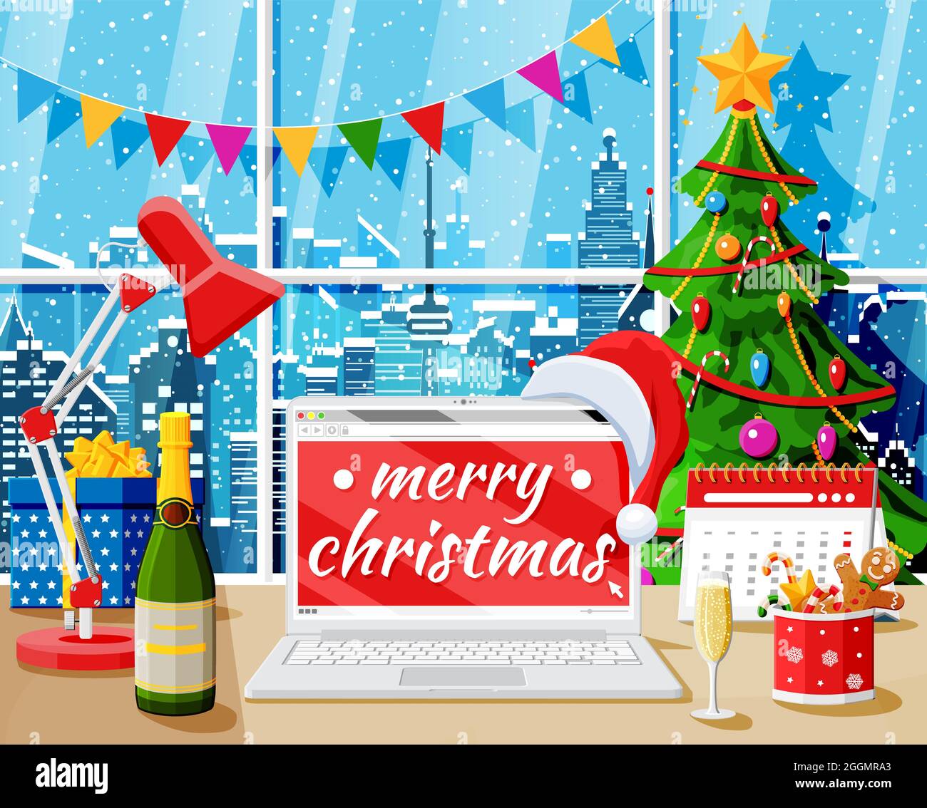 Christmas and New Year Office Desk Workspace Stock Vector Image & Art ...