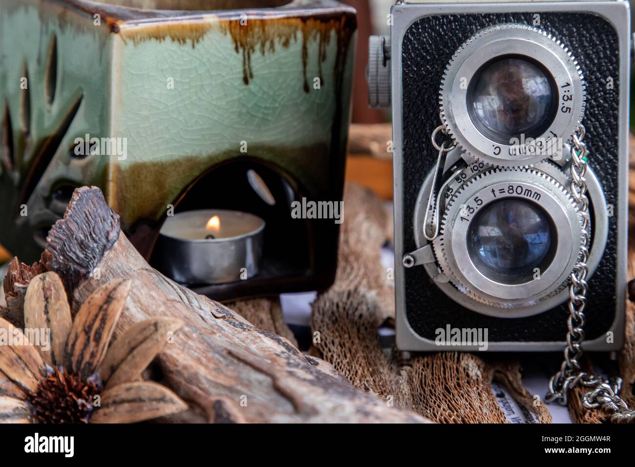 Vintage two lens photo camera on wooden background. An idea of old ...