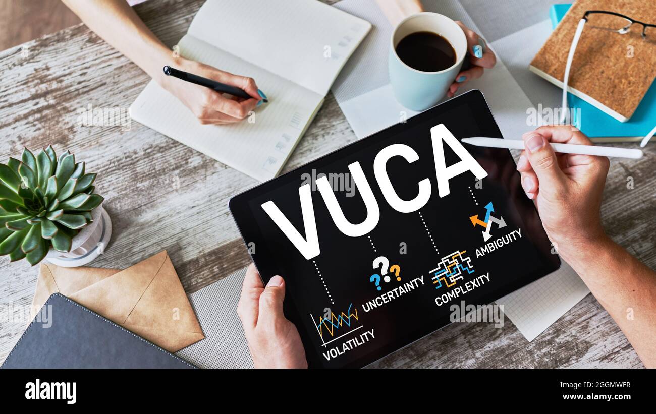VUCA world concept on screen. Volatility, uncertainty, complexity ...