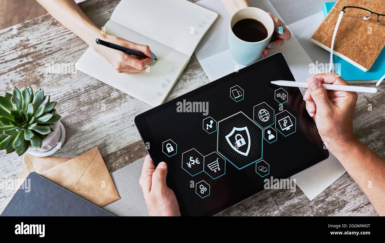 Cyber protection, Data security, Information provacy concept on screen ...