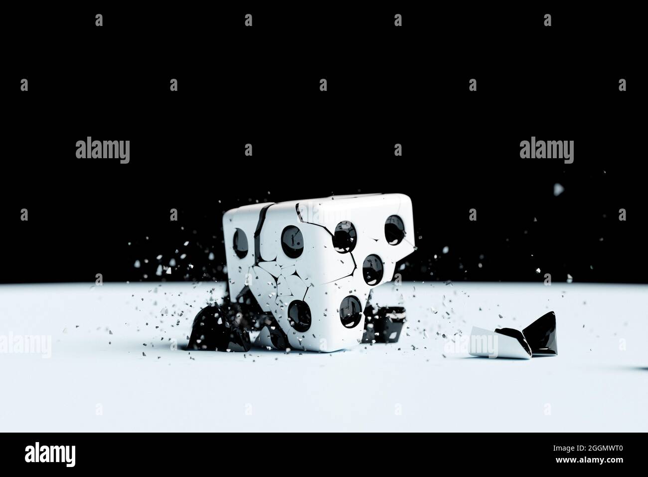 3D illustration of a small explosion of a game cube of fragments. The ...