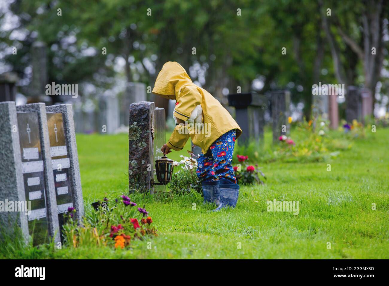 Sad little child, blond boy, standing in the rain on cemetery, sad ...