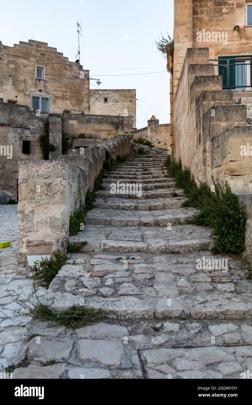 Matera, Italy - September 15, 2019: Typical cobbled stairs in a side ...