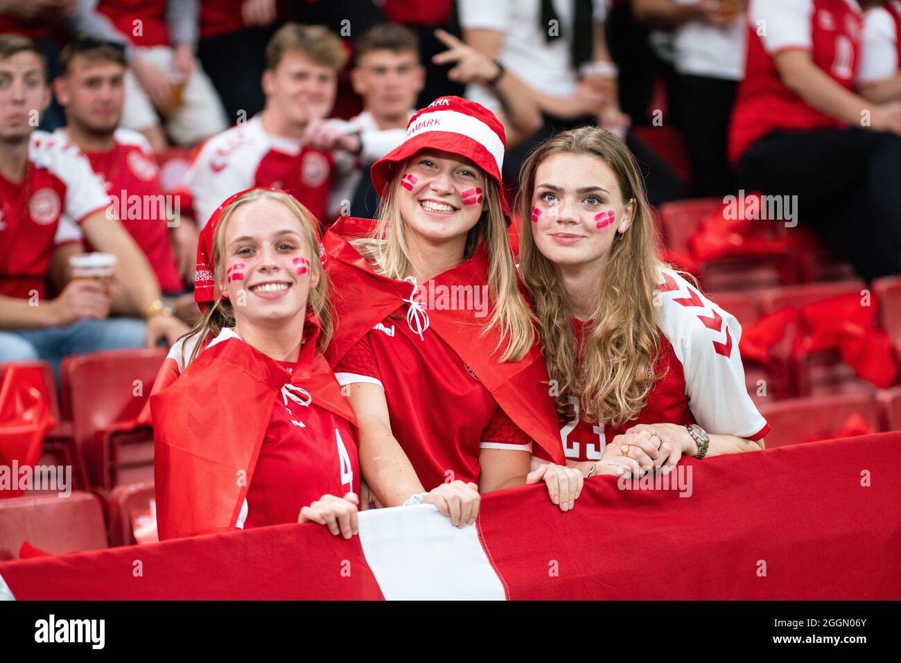 Copenhagen, Denmark. 01st Sep, 2021. Football fans of Denmark dressed ...