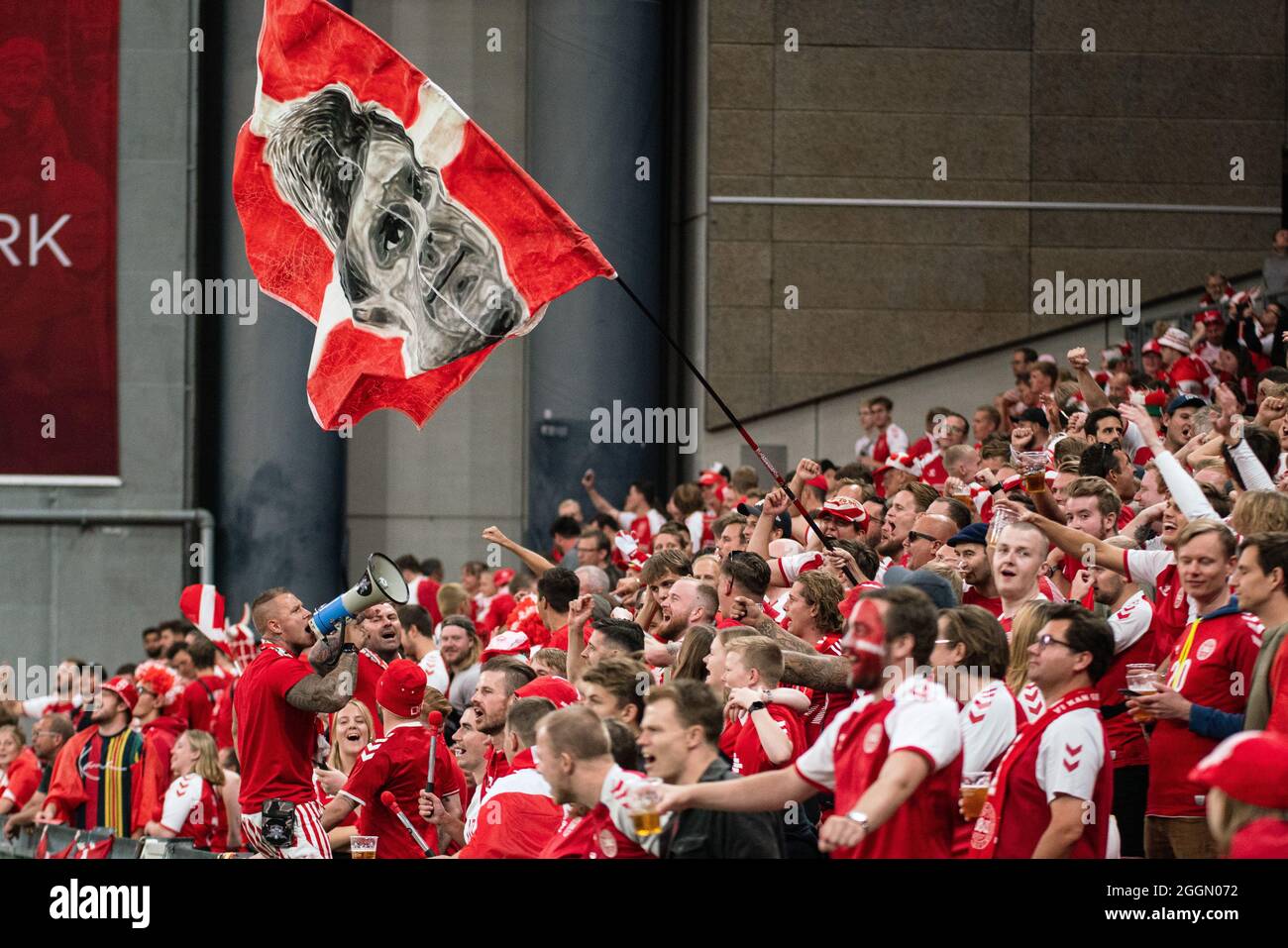 Copenhagen, Denmark. 01st Sep, 2021. Football fans of Denmark dressed ...