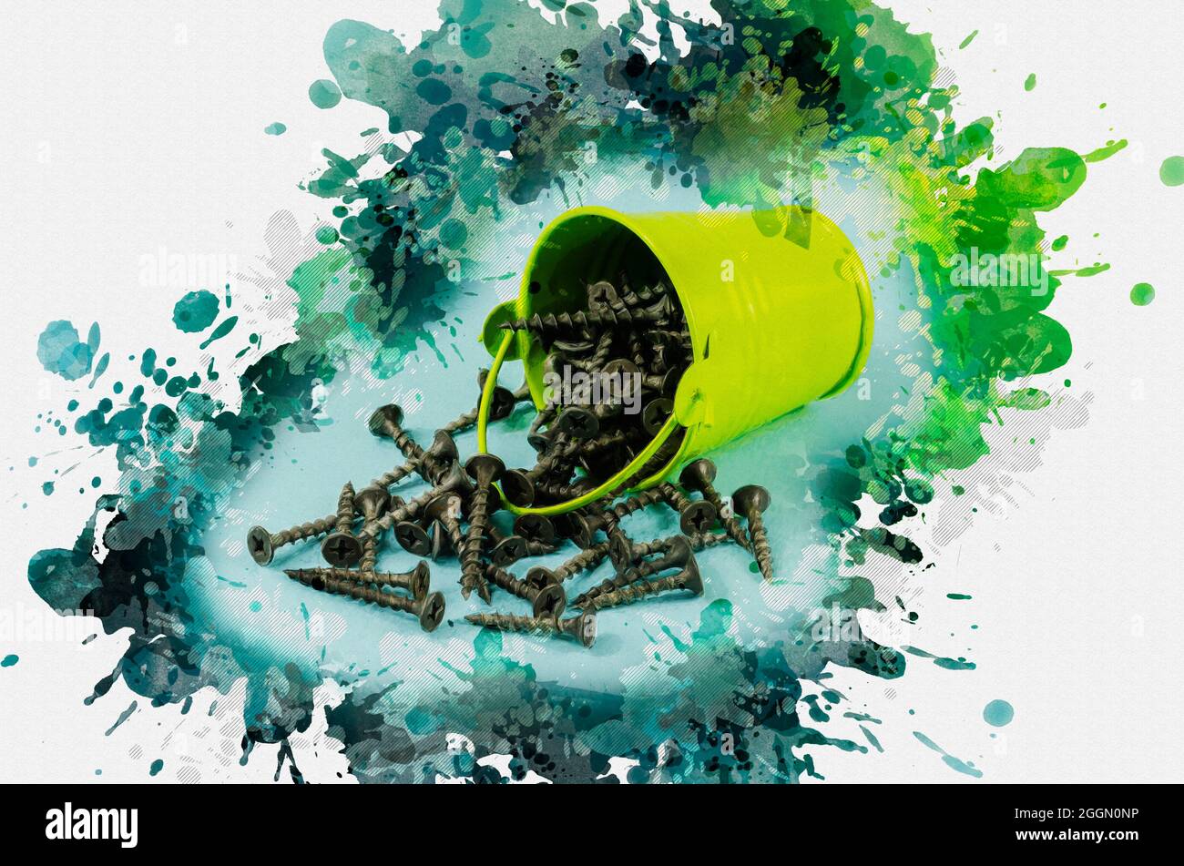 Screws and a small green bucket on a blue background. Black metal ...