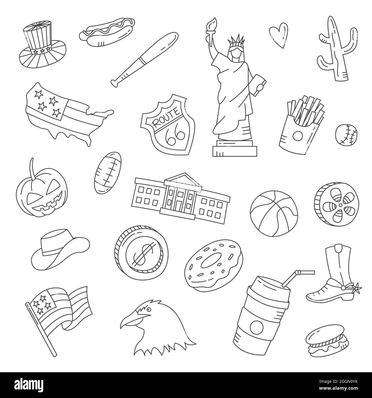 usa country nation doodle hand drawn set collections with outline black ...