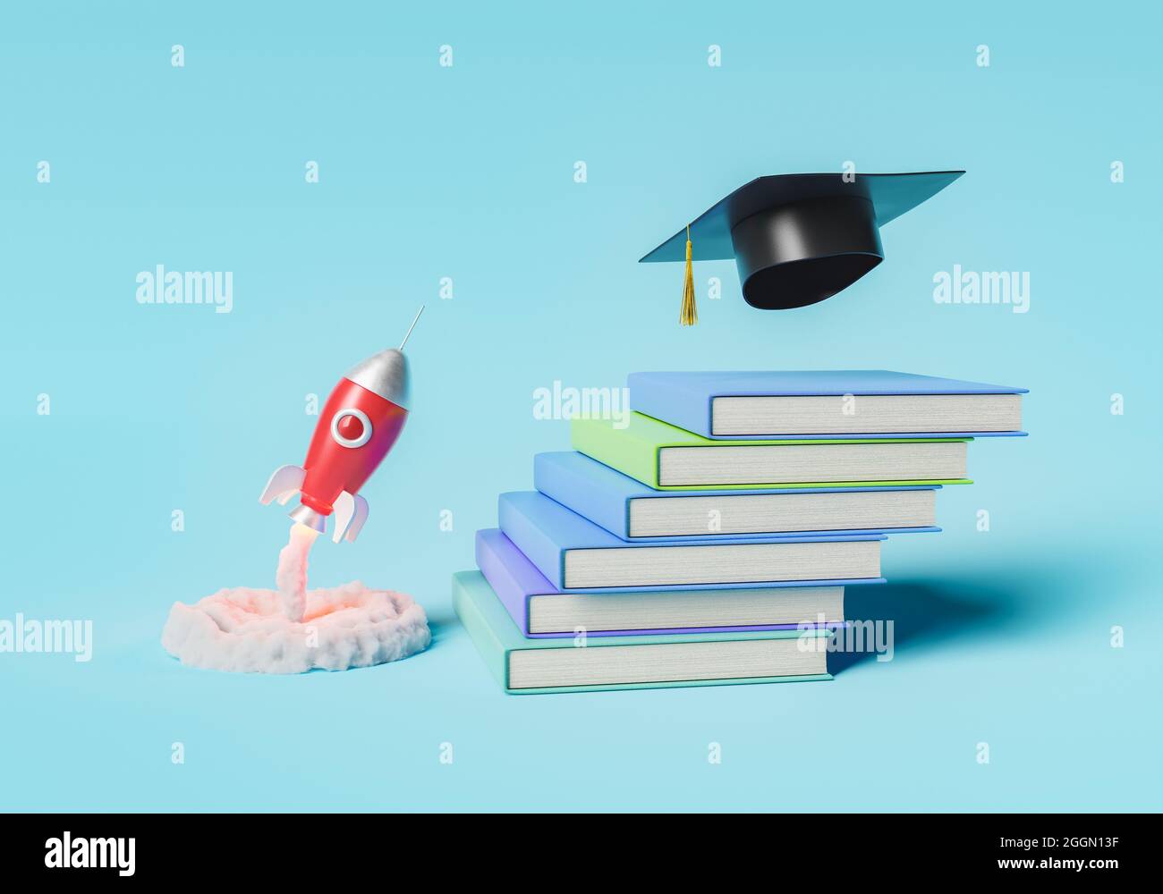 rocket taking off to climb to the top of a stack of books with a ...