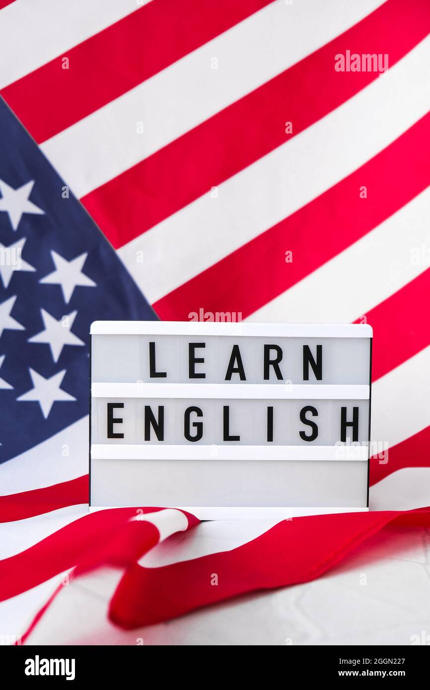 American flag. Lightbox with text LEARN ENGLISH Flag of the united ...